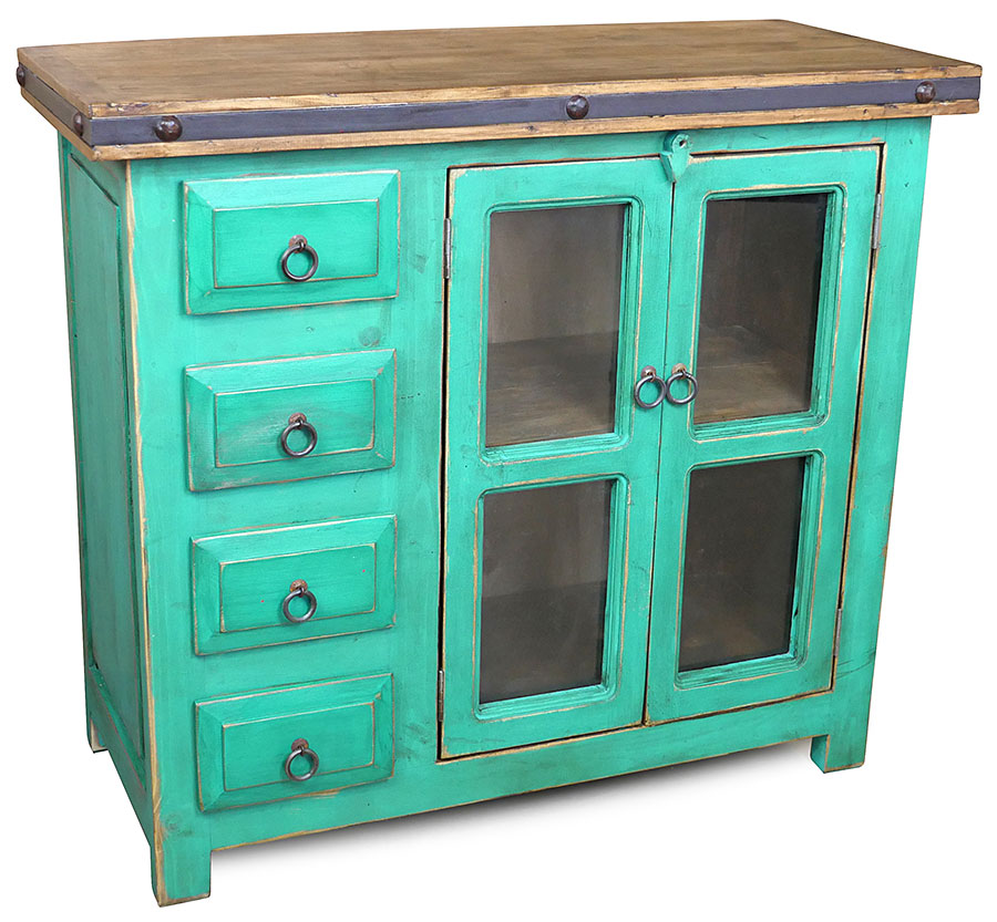 Painted Wood Turquoise Buffet with Glass Panel Doors and Small Drawers