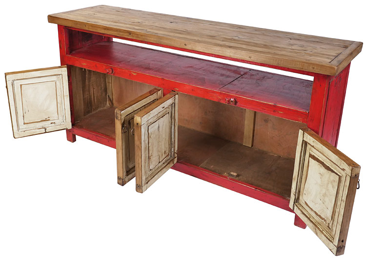 Red and White Entertainment Console with Natural Top and 4 Doors