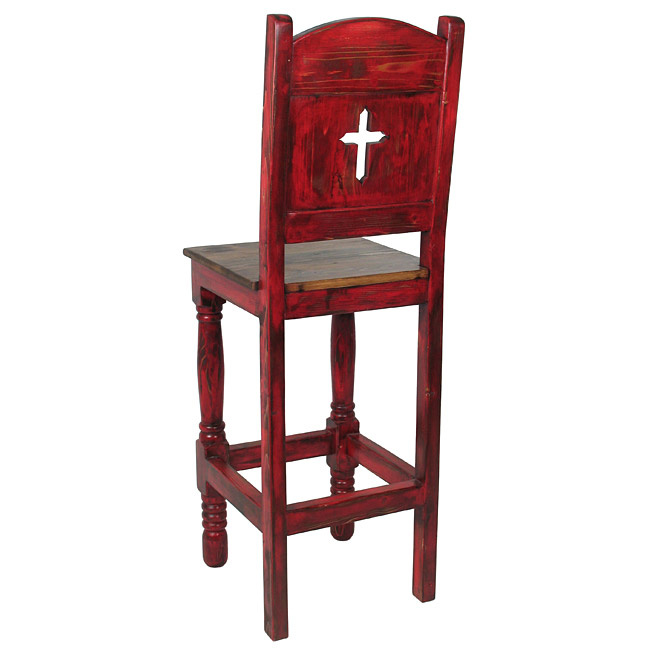 Red Mexican Painted Wood Bar Stool with Cross