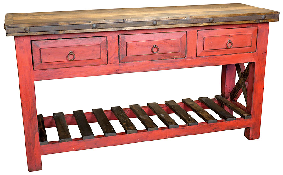Red Painted Wood Sofa Table with Slat Shelf and Three Drawers