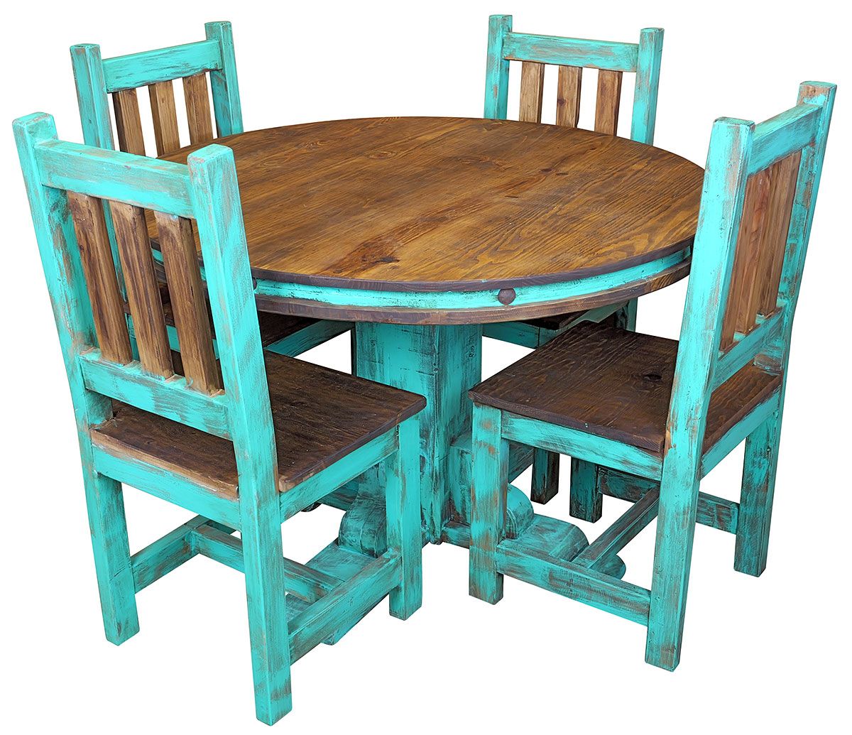Round Turquoise Painted Wood Dining Table Set with 4 Chairs