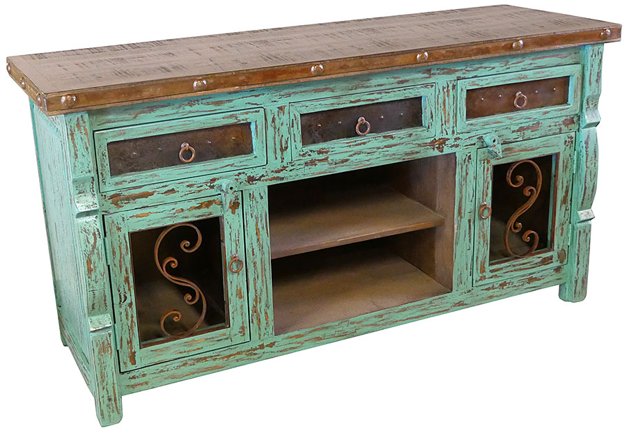 Rustic Green Painted Wood Ox Yoke TV Console with Iron Accents