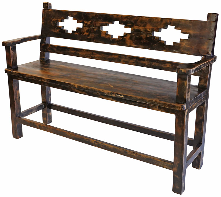Rustic Old Wood Tall Bench with Southwest Design Cut-Out