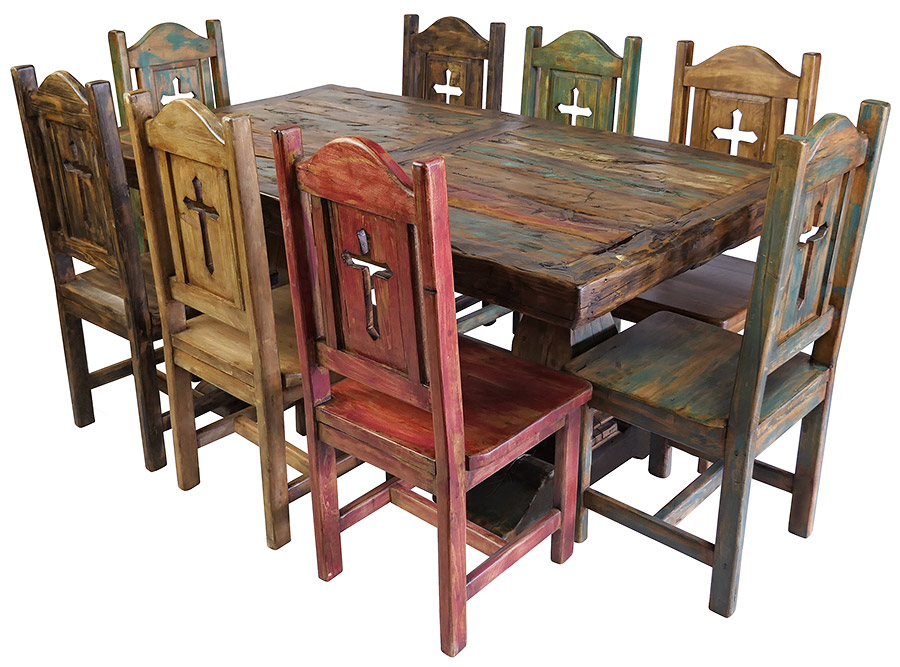 Rustic Painted and Natural Wood Dining Set with Thick Trestle Pedestal Base