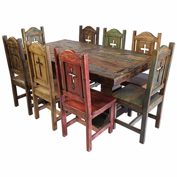 Rustic Painted and Natural Wood Dining Set with Thick Trestle Pedestal Base