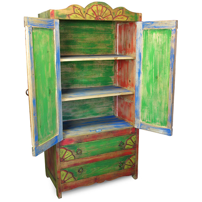 Rustic Painted Wood Armoire with Conch Carving