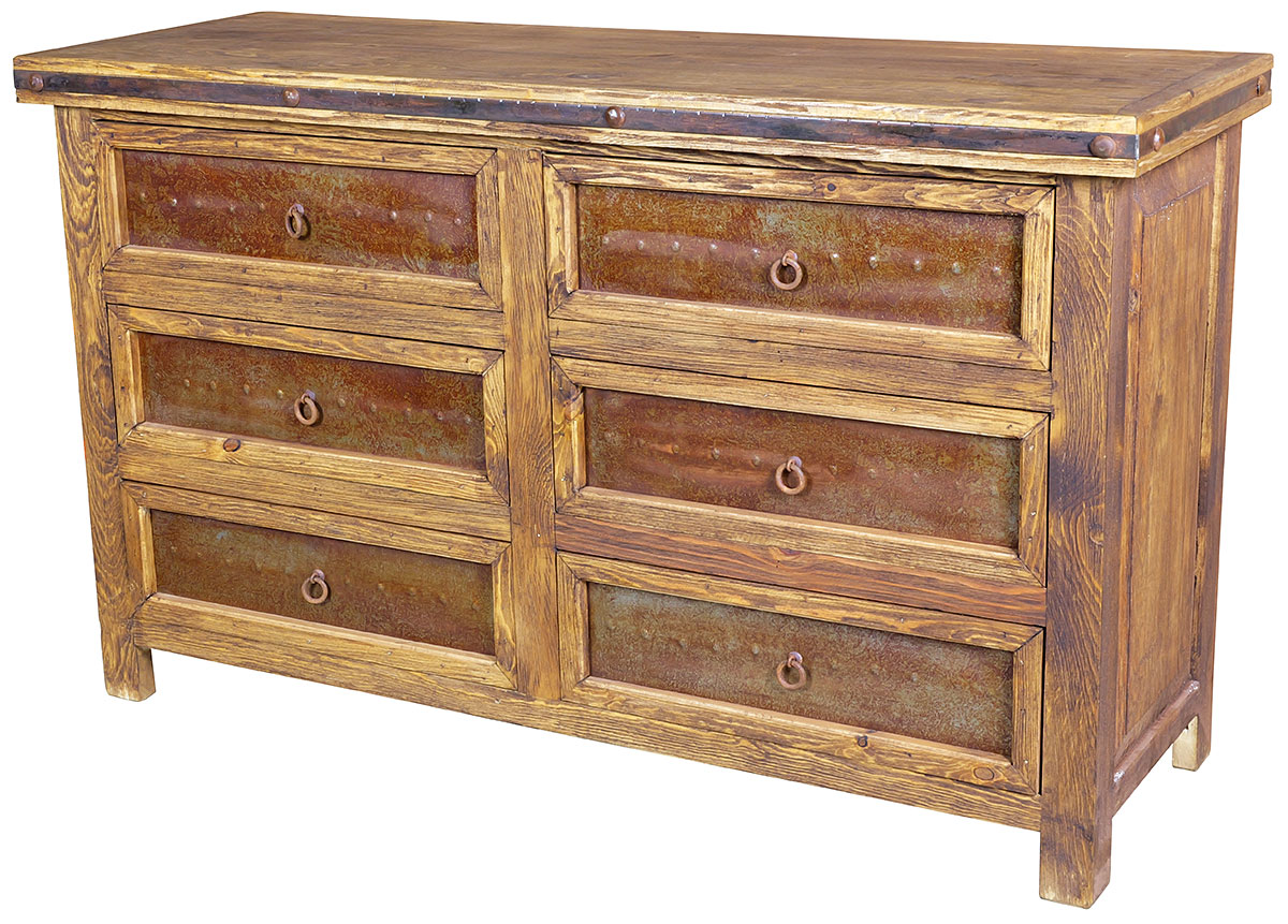 Rustic Pine Dresser with Metal Drawer Panels - 6 Drawers