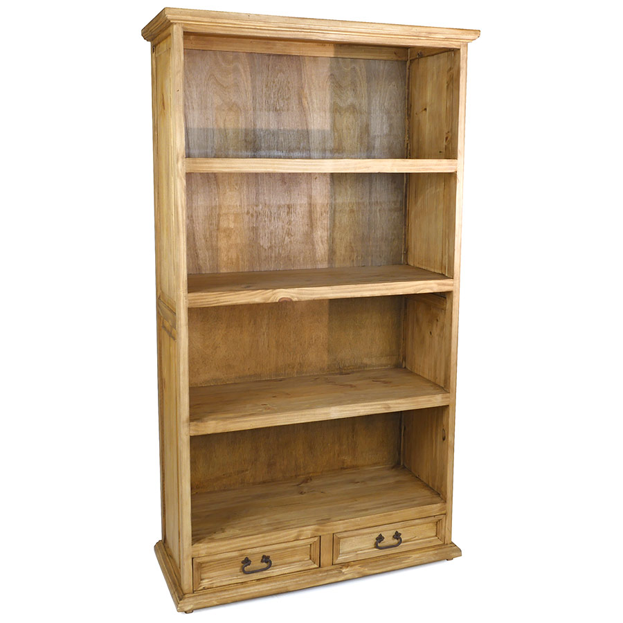 Rustic Pine Mexican Bookshelf 4 Shelves 2 Drawers