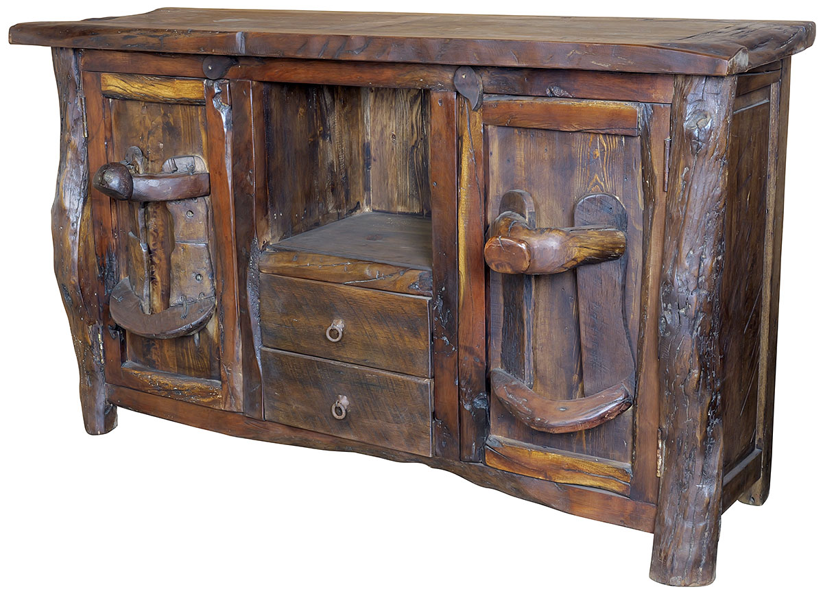 Rustic Ranch Log Buffet with Carved Saddle Horn Doors