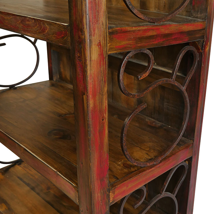 Rustic Red Painted Wood Book Shelf with Iron Scrolls and Iron Panel Doors