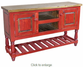 Rustic Red Painted Wood TV Entertainment Console with Lower Slat Shelf