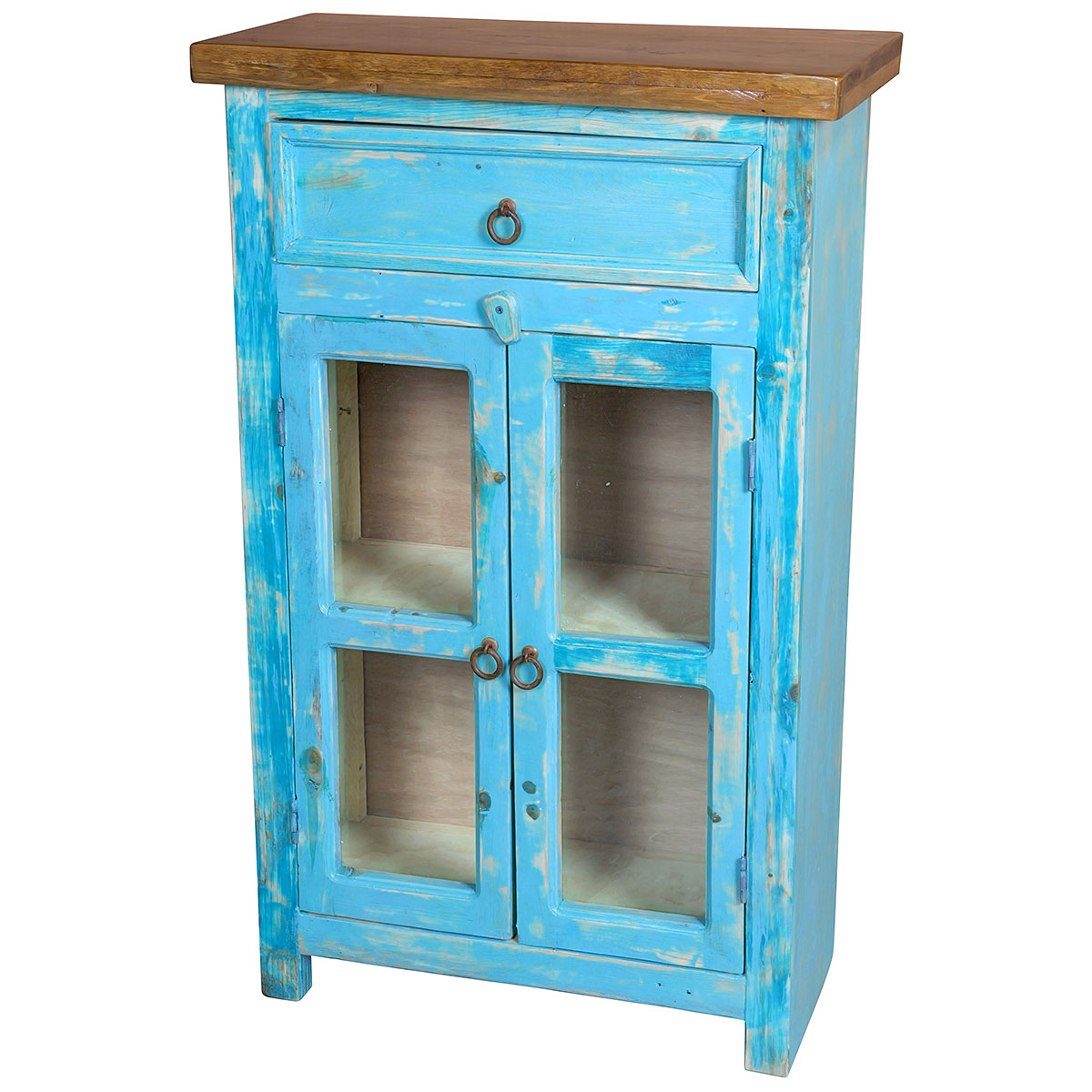 Rustic Turquoise Blue Cabinet with Glass Doors and 1 Drawer