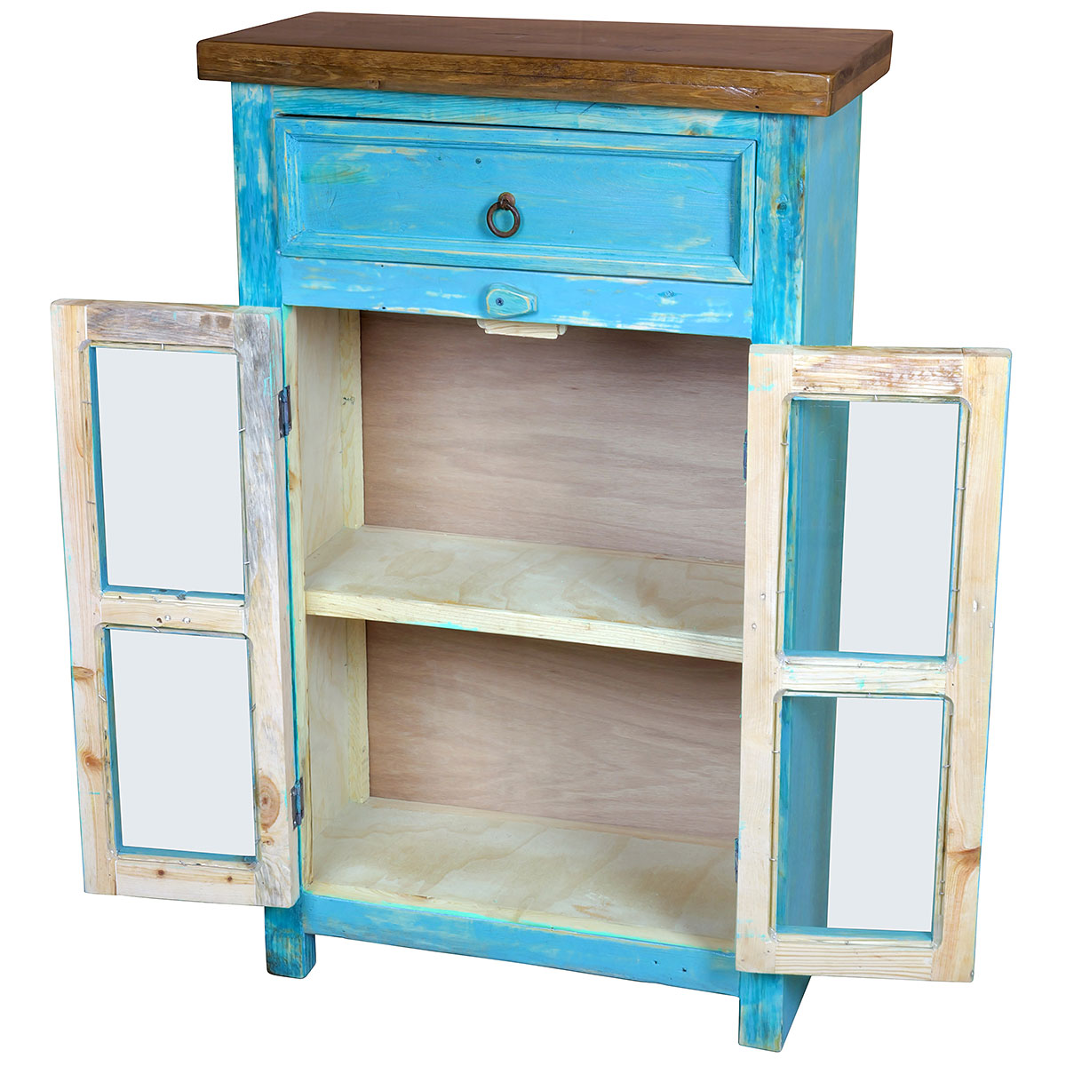 Rustic Turquoise Blue Cabinet with Glass Doors and 1 Drawer