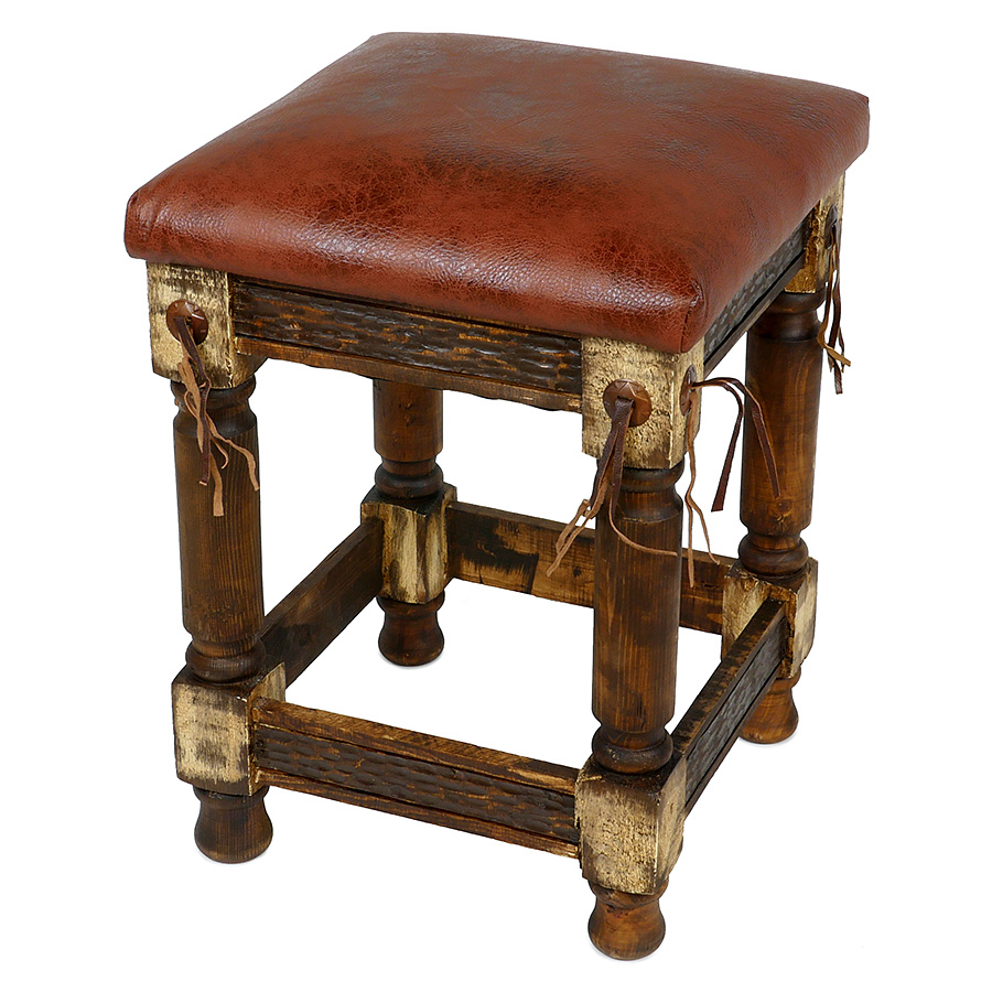 Rustic Western Stool With Faux Leather Cushioned Seat