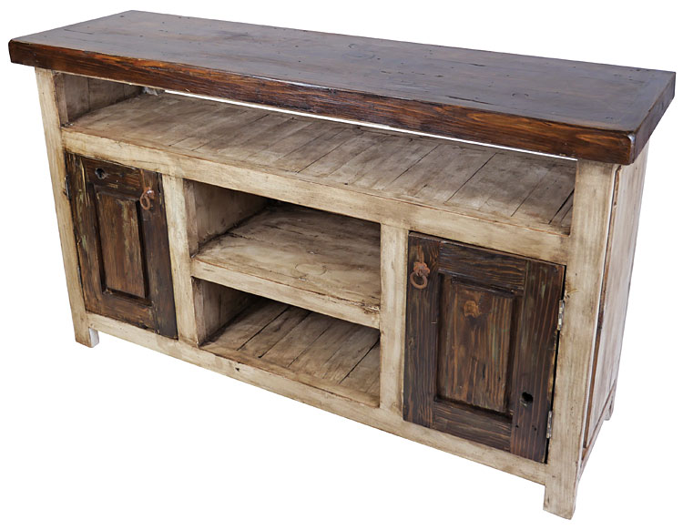 Rustic Whitewashed Painted Wood Entertainment Console with 2 Doors & 3 ...