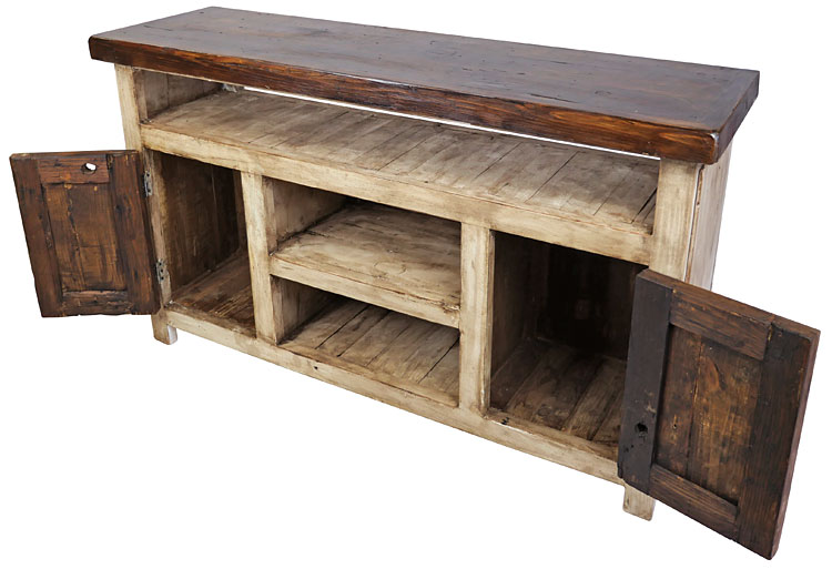 Rustic Whitewashed Painted Wood Entertainment Console with 2 Doors & 3 ...