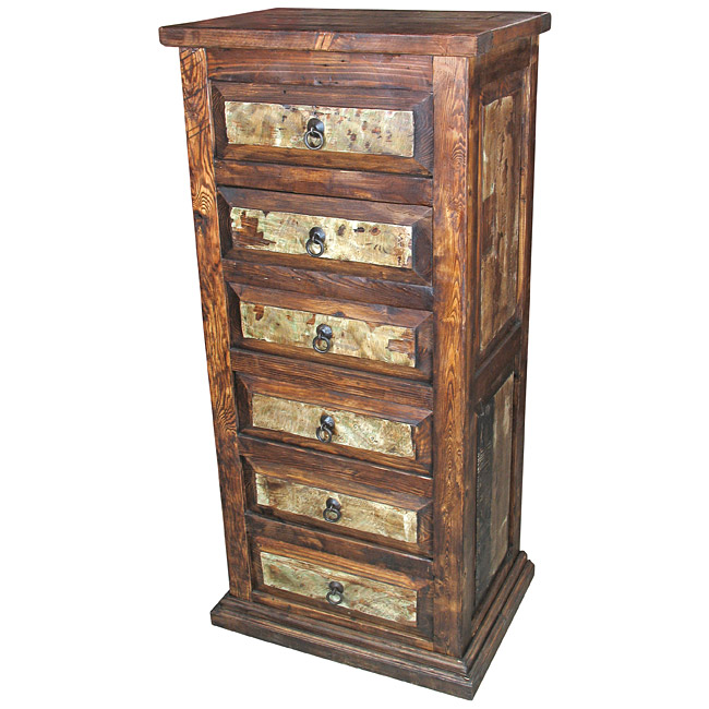 Rustic Wood 6 Drawer Tall Dresser with Whitewash Accents