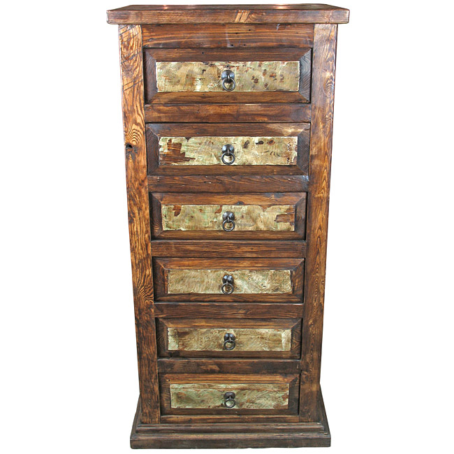 Rustic Wood 6 Drawer Tall Dresser with Whitewash Accents