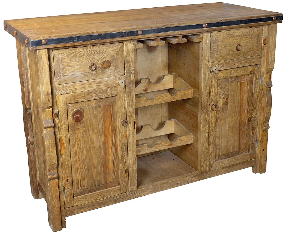 Rustic Wood Bar Buffet with Iron Panels and Wine Rack