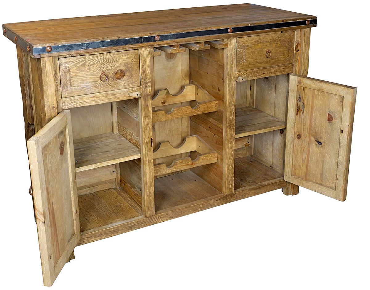 Rustic Wood Bar Buffet with Iron Panels and Wine Rack