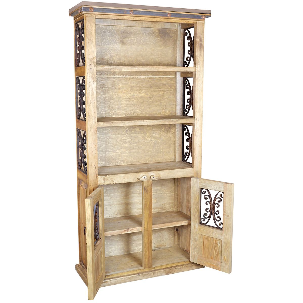 Rustic Wood Book Shelf with Iron Scrollwork