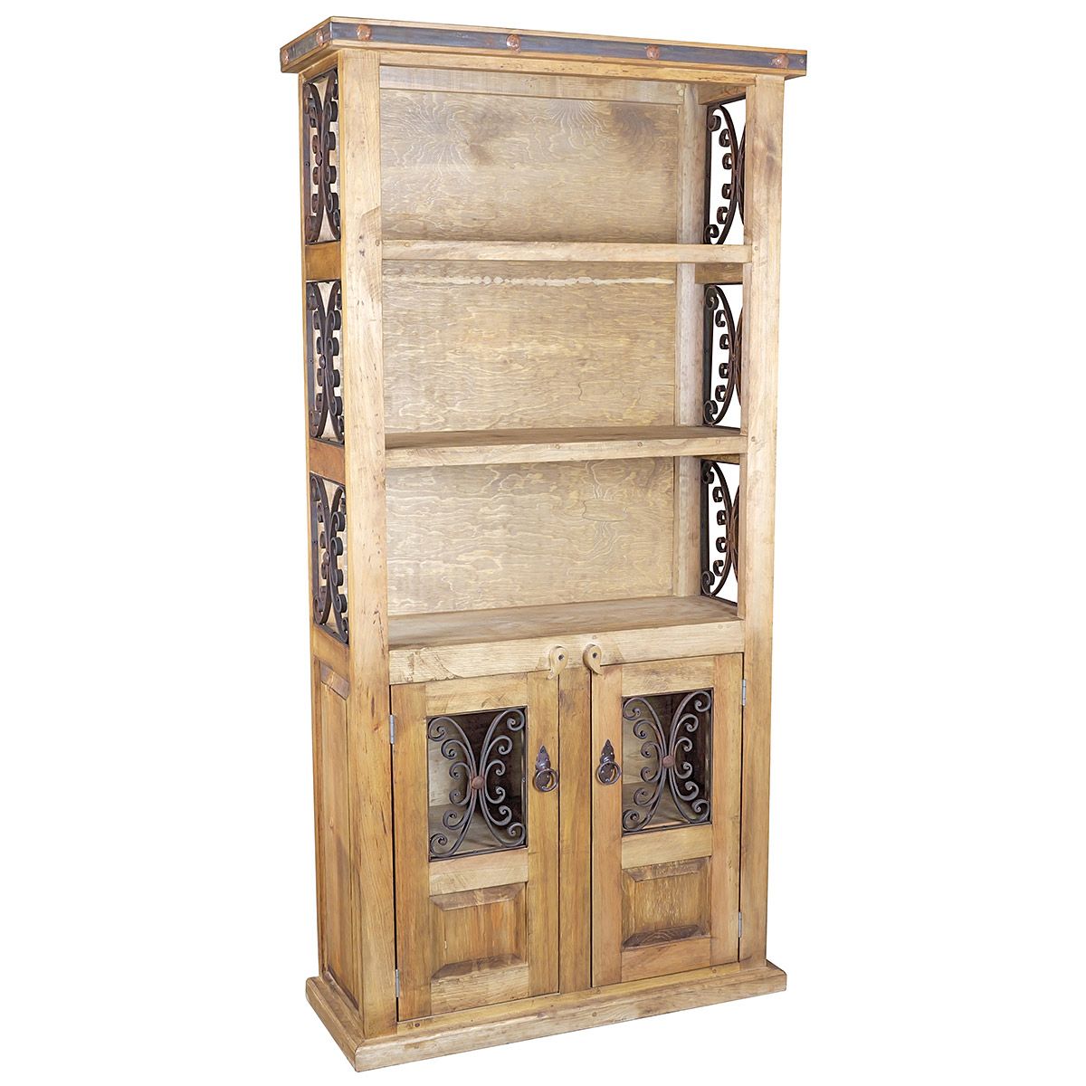 Rustic Wood Book Shelf with Iron Scrollwork