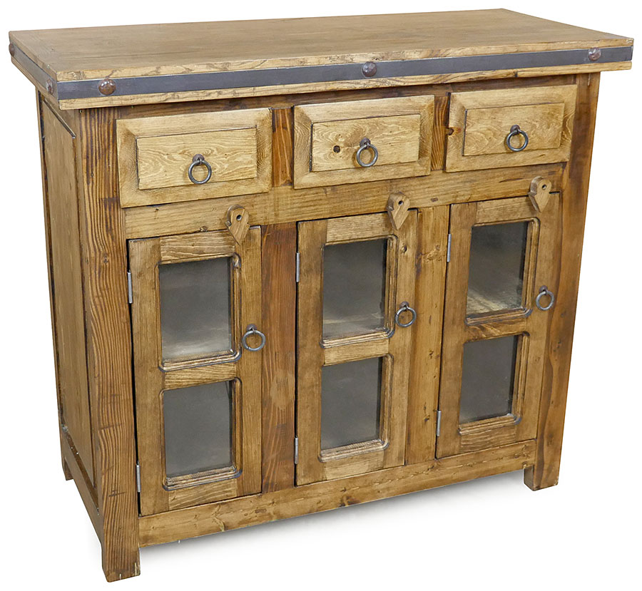 Rustic Wood Buffet with Glass Panel Doors and Iron Accents