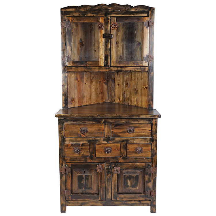 Rustic Wood Corner Cabinet with Top Glass Doors and 5 Drawers