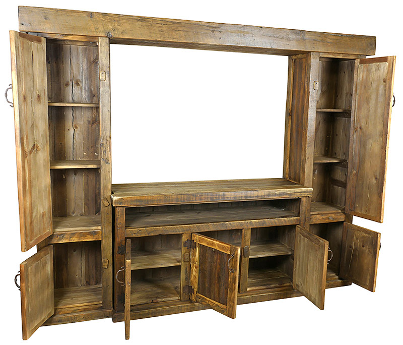 Rustic Wood Entertainment Center with Rusted Corrugated Tin Panels