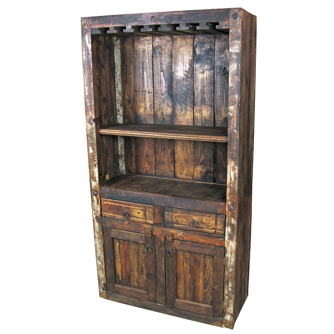 Rustic Wood Open Wine Bar & Cabinet