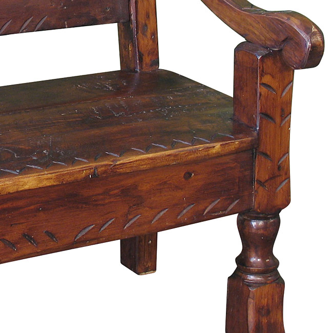 Small Carved Rustic Stained Wood Bench