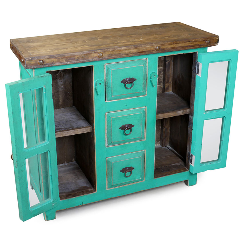 Small Green Painted Wood Buffet with Glass Panel Doors