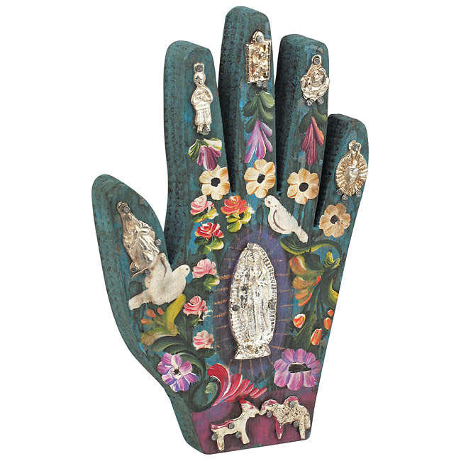 Small Mexican Folk Art Painted Wood Hand with Milagros