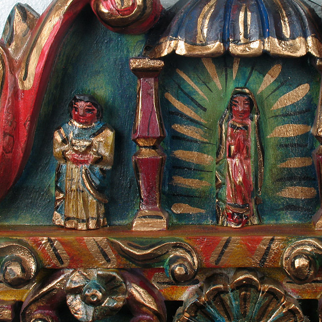Small Mexican Retablo with Hand Carved Painted Figures