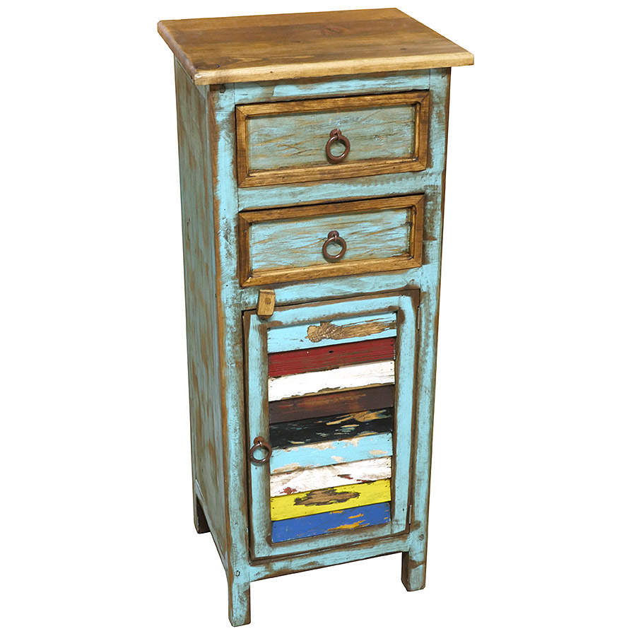 Small Painted Wood Cabinet with Drawers & Multi-Color Slat Door