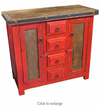 Small Red Painted Wood Buffet with Hammered Metal Panel Doors