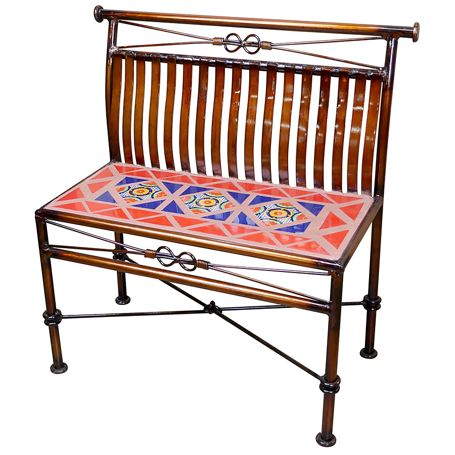 Small Wrought Iron Copper Finish Bench with Talavera Tiles