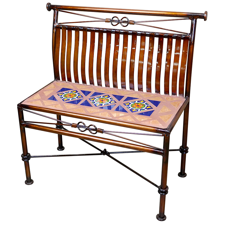 Small Wrought Iron Copper Finish Bench with Talavera Tiles