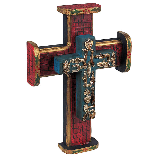Standing Painted Wood Mexican Folk Art Cross with Milagros