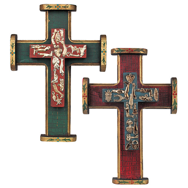 Standing Painted Wood Mexican Folk Art Cross with Milagros