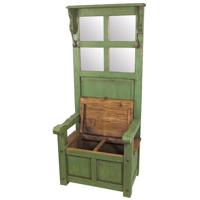 Tall Back Entry Way Throne Chair with Storage, Coat Hooks and Mirror
