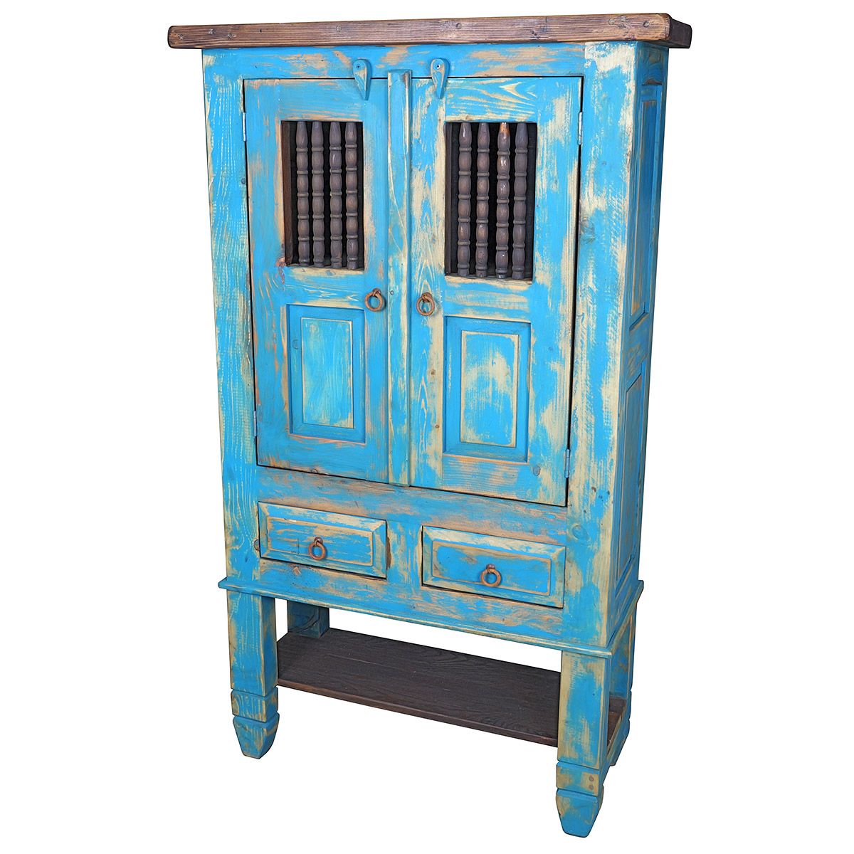 Tall Blue Painted Wood Cabinet - 2 Doors & 2 Drawers