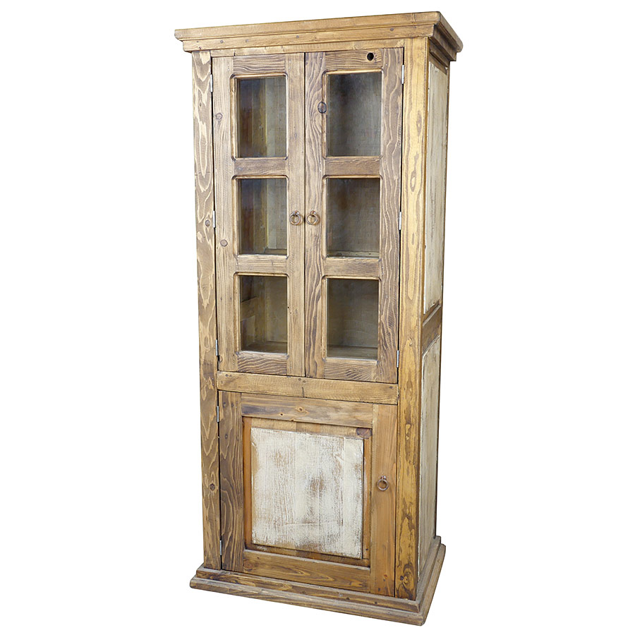 Tall Rustic Wood Vitrina Cabinet with Glass Doors