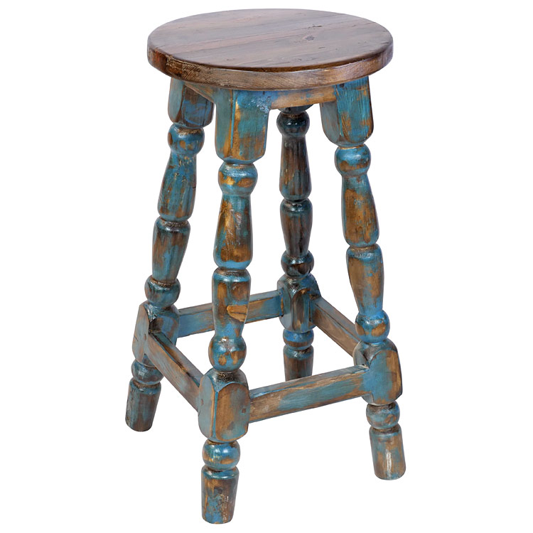 Teal Blue Painted Wood Mexican Turned Leg Bar Stool
