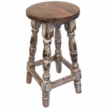 Turned Leg Mexican Painted Wood Bar Stool - White