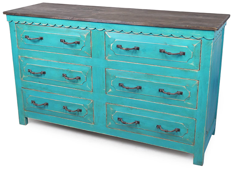 Turquoise Painted Wood 6 Drawer Dresser