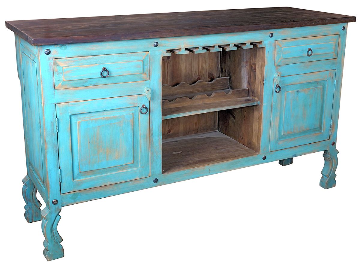 Turquoise Painted Wood Ox Yoke Bar Buffet