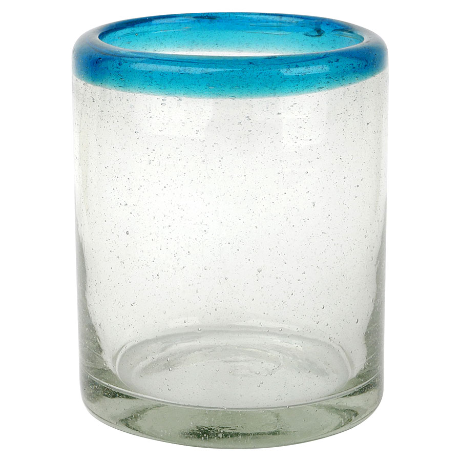 Turquoise Rimmed Mexican Rocks Glass - Bubble Glass - Set of 4