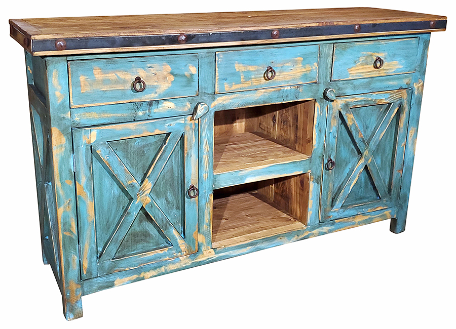 Turquoise Western Painted Wood TV Stand