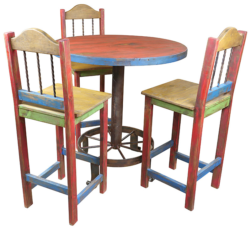 Wagon Wheel Bar Table With 4 Painted Wood Bar Stools